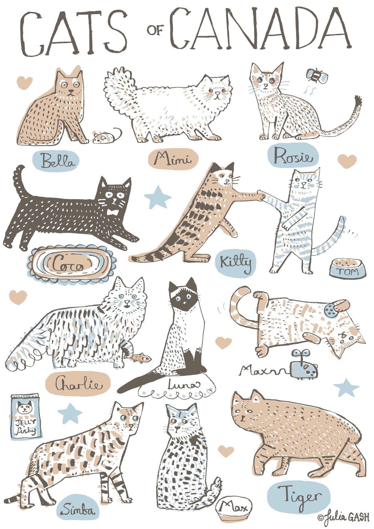 Cats of Canada Art Print by British Travel Artist Julia Gash