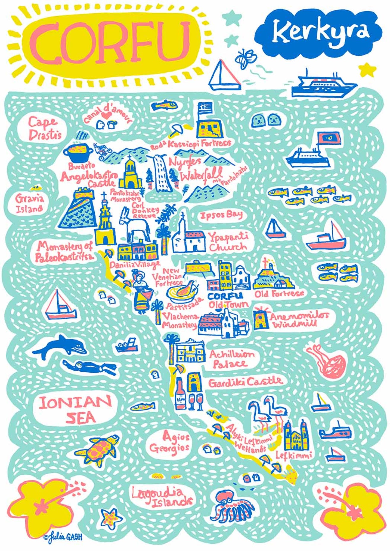 Corfu Postcard by British Travel Artist Julia Gash