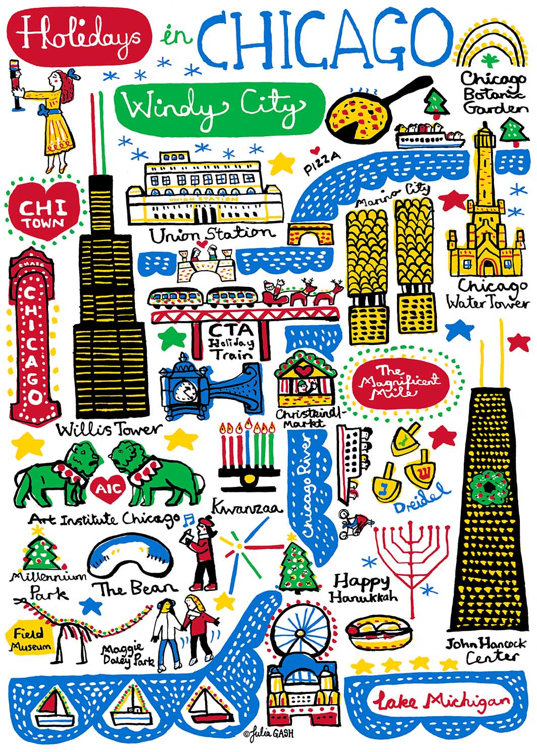 Holidays in Chicago Art Print by British Travel Artist Julia Gash
