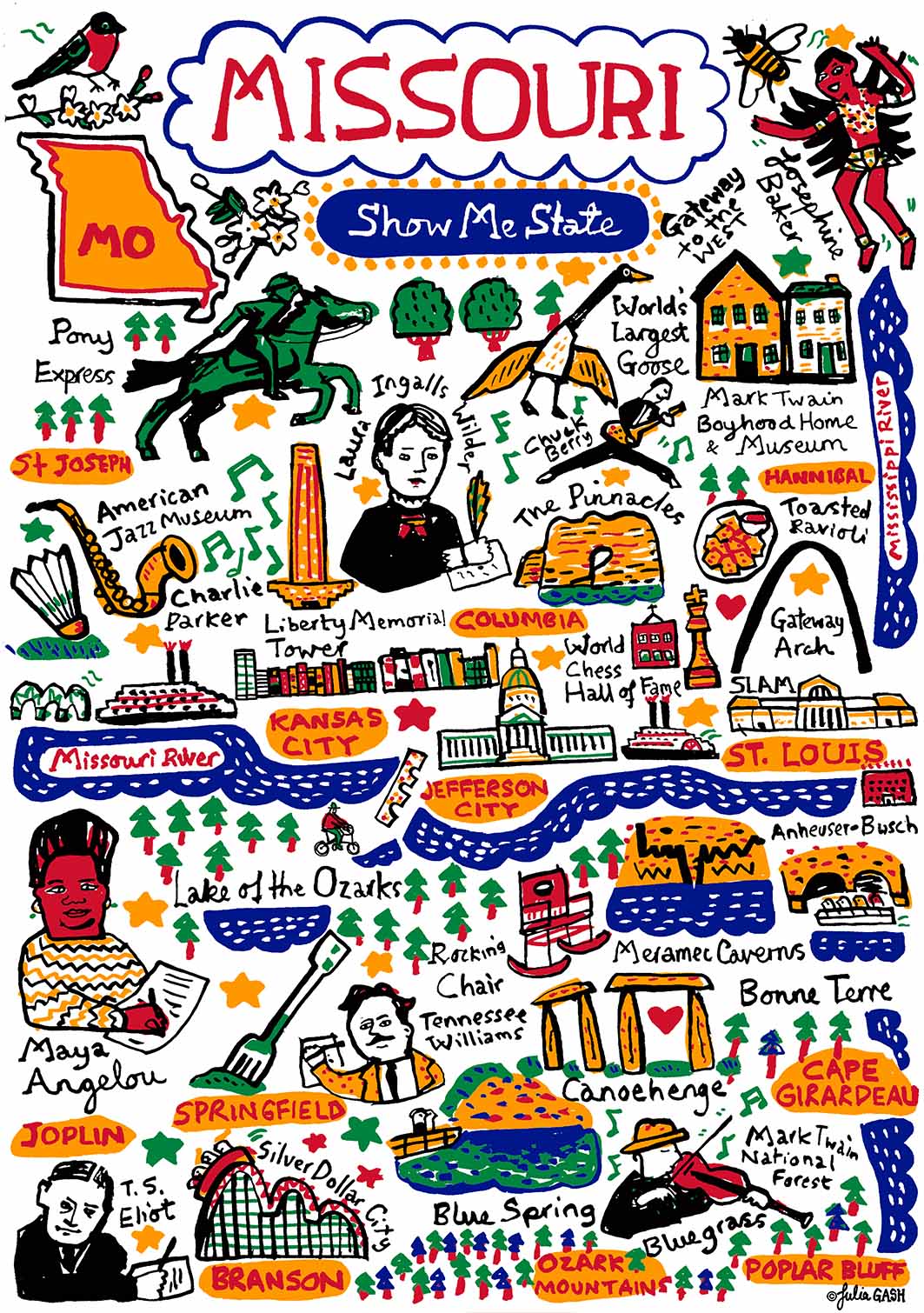 Missouri Map Art Print by British Travel Artist Julia Gash