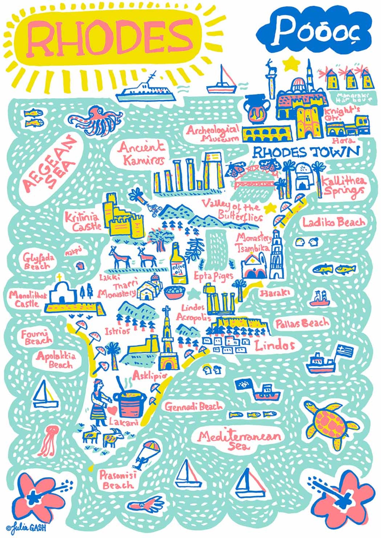 Rhodes Postcard by British Travel Artist Julia Gash