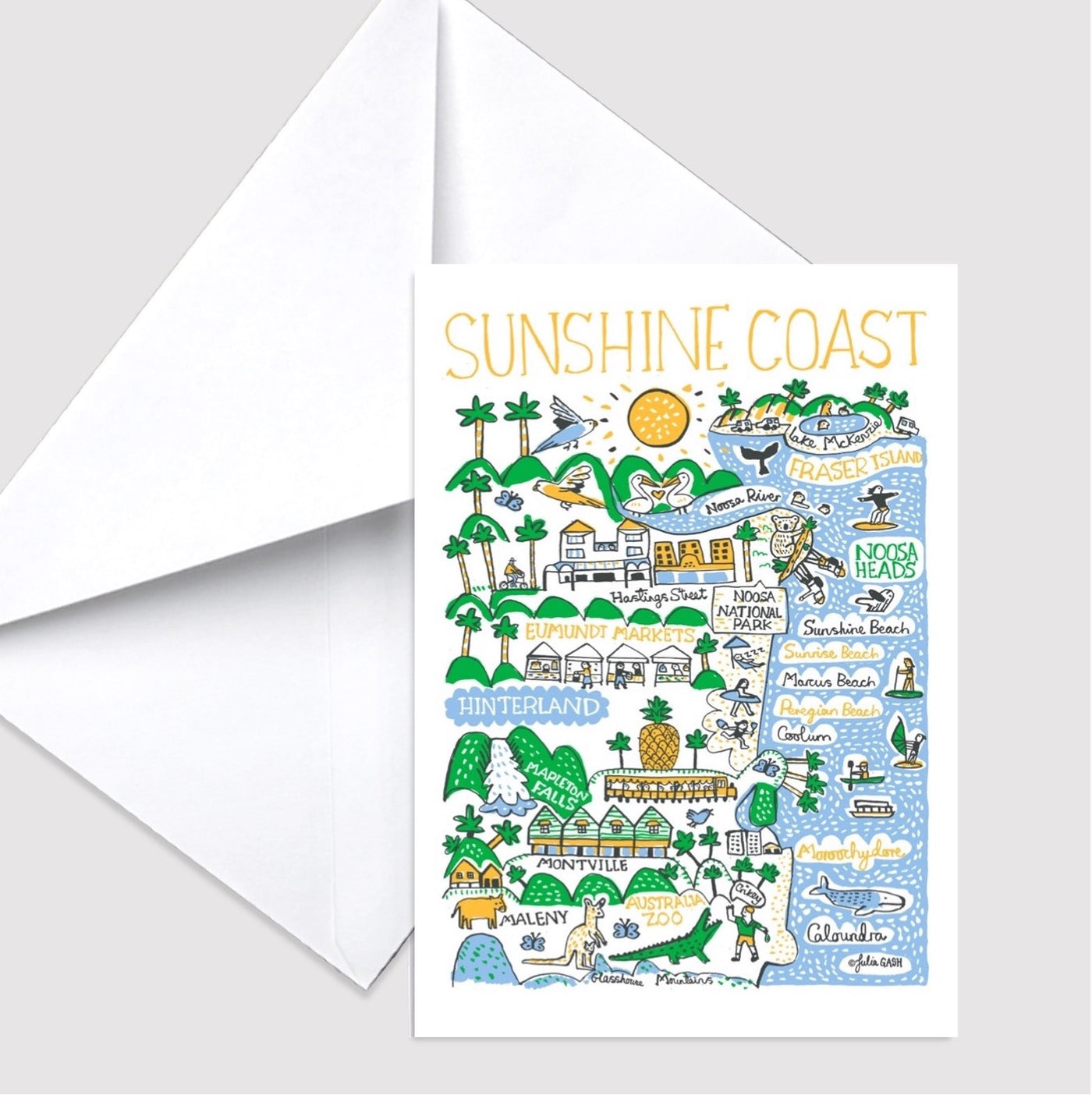Sunshine Coast Greeting Card by British Travel Artist Julia Gash