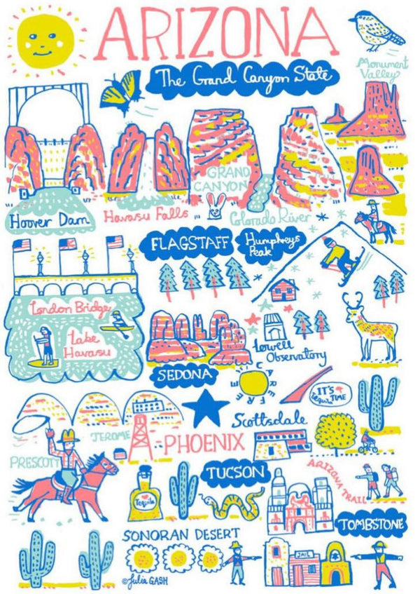 Arizona Map Art Print by British Travel Artist Julia Gash