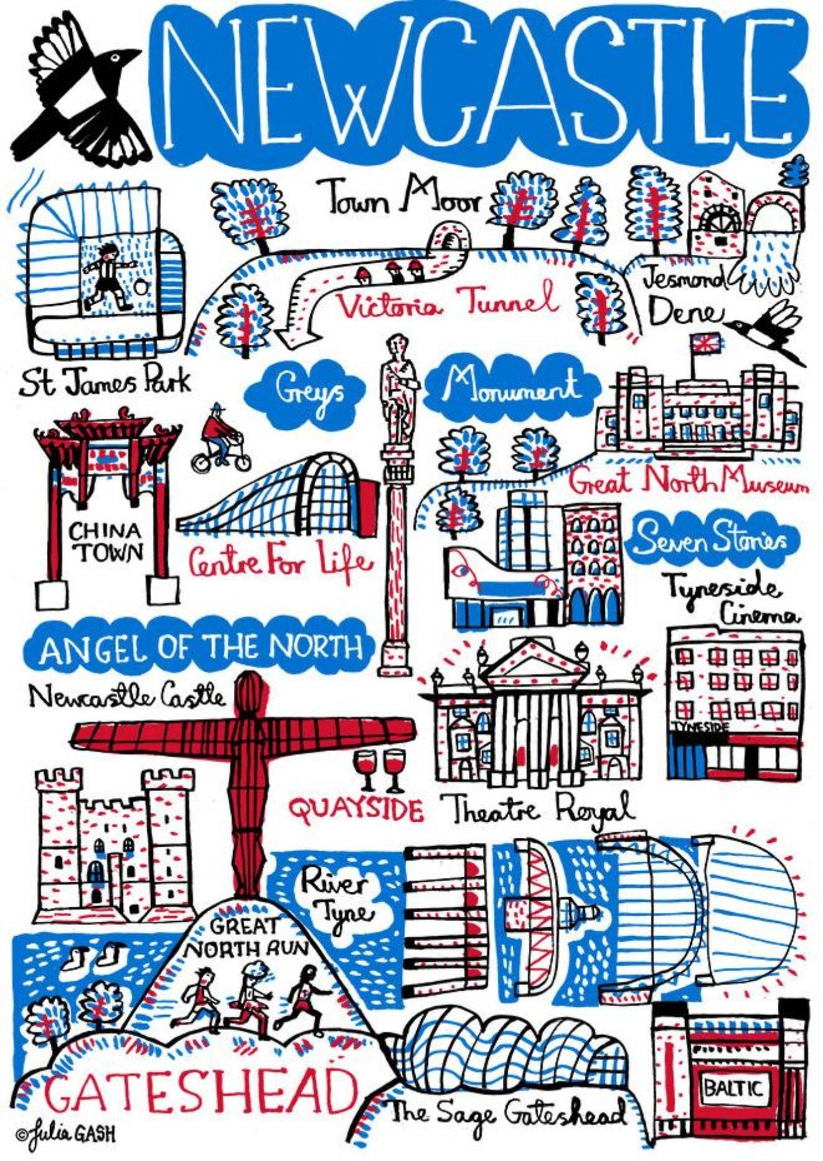 Newcastle Art Print by British Travel Artist Julia Gash