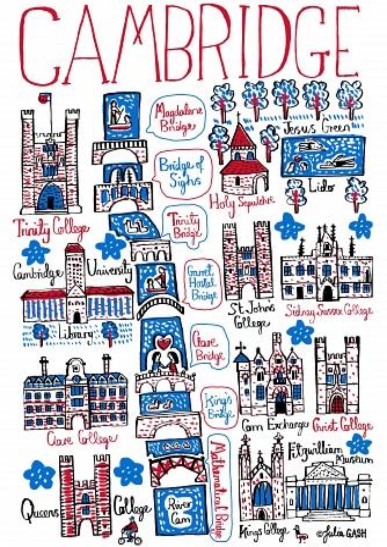 Cambridge Postcard by British Travel Artist Julia Gash