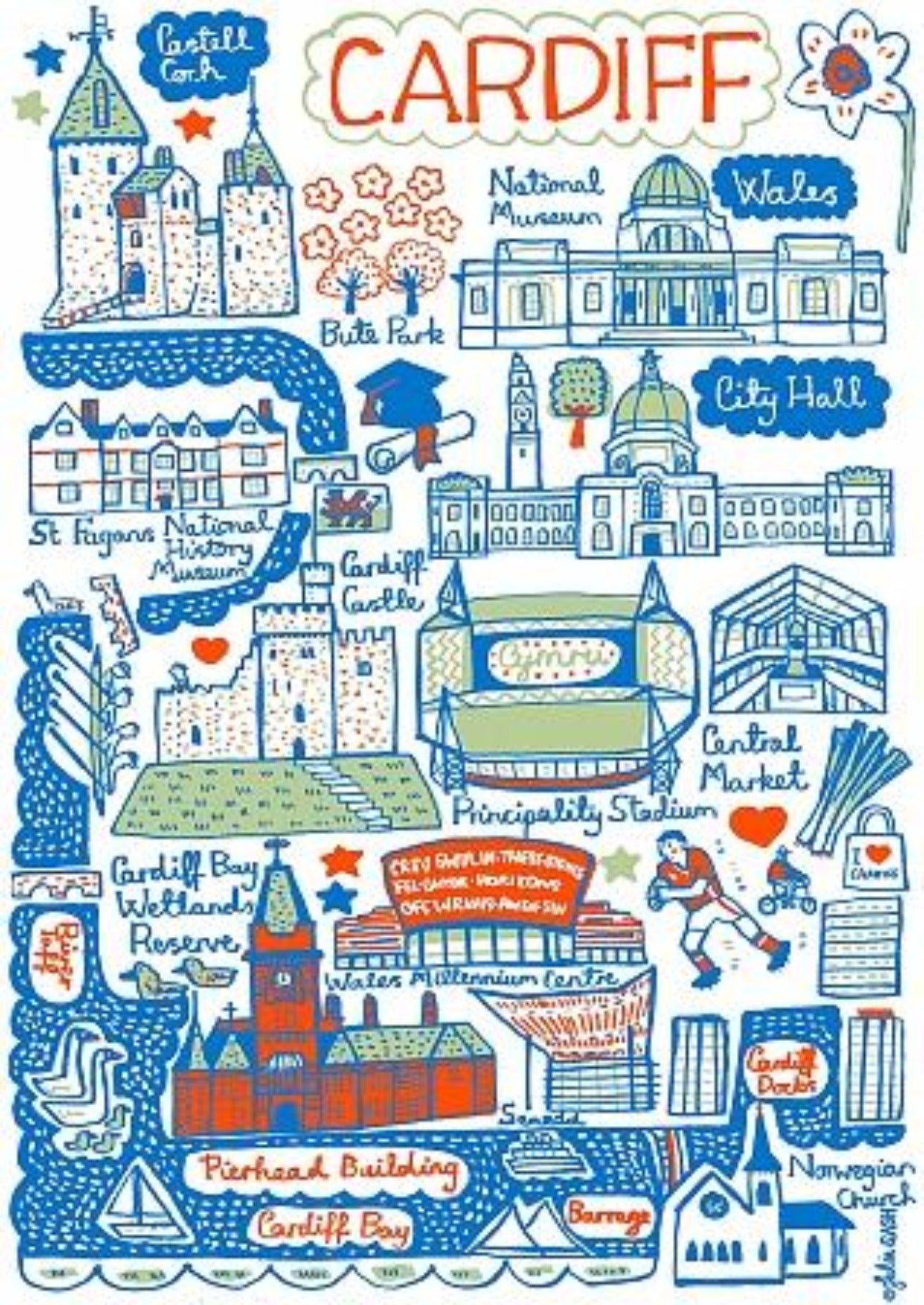 Cardiff Postcard by British Travel Artist Julia Gash