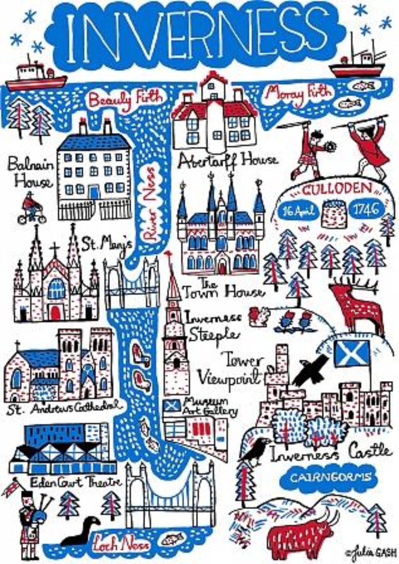Inverness Postcard by British Travel Artist Julia Gash